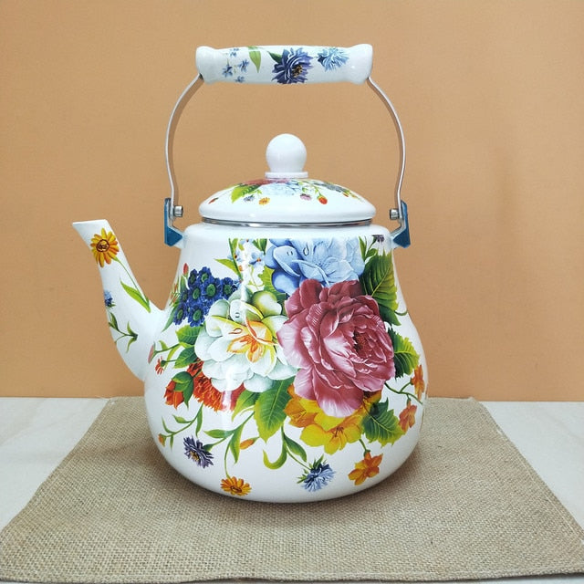 Flat Bottom Round Enamel Kettle Flower Kettle Milk Home Teapot ...