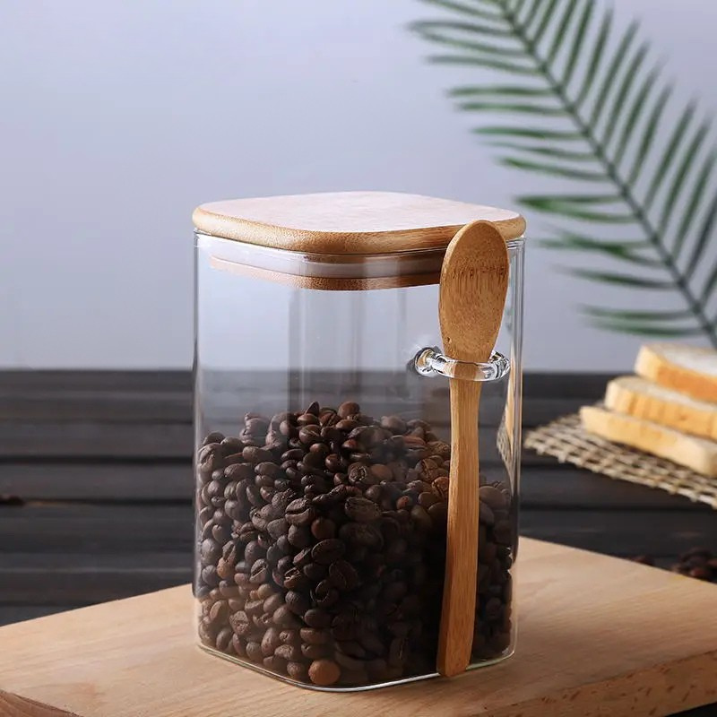 Square Glass Storage Jar with Wooden Spoon and Lid Glass Container ...
