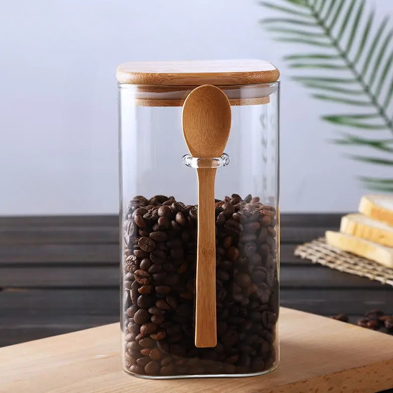 Square Glass Storage Jar with Wooden Spoon and Lid Glass Container ...